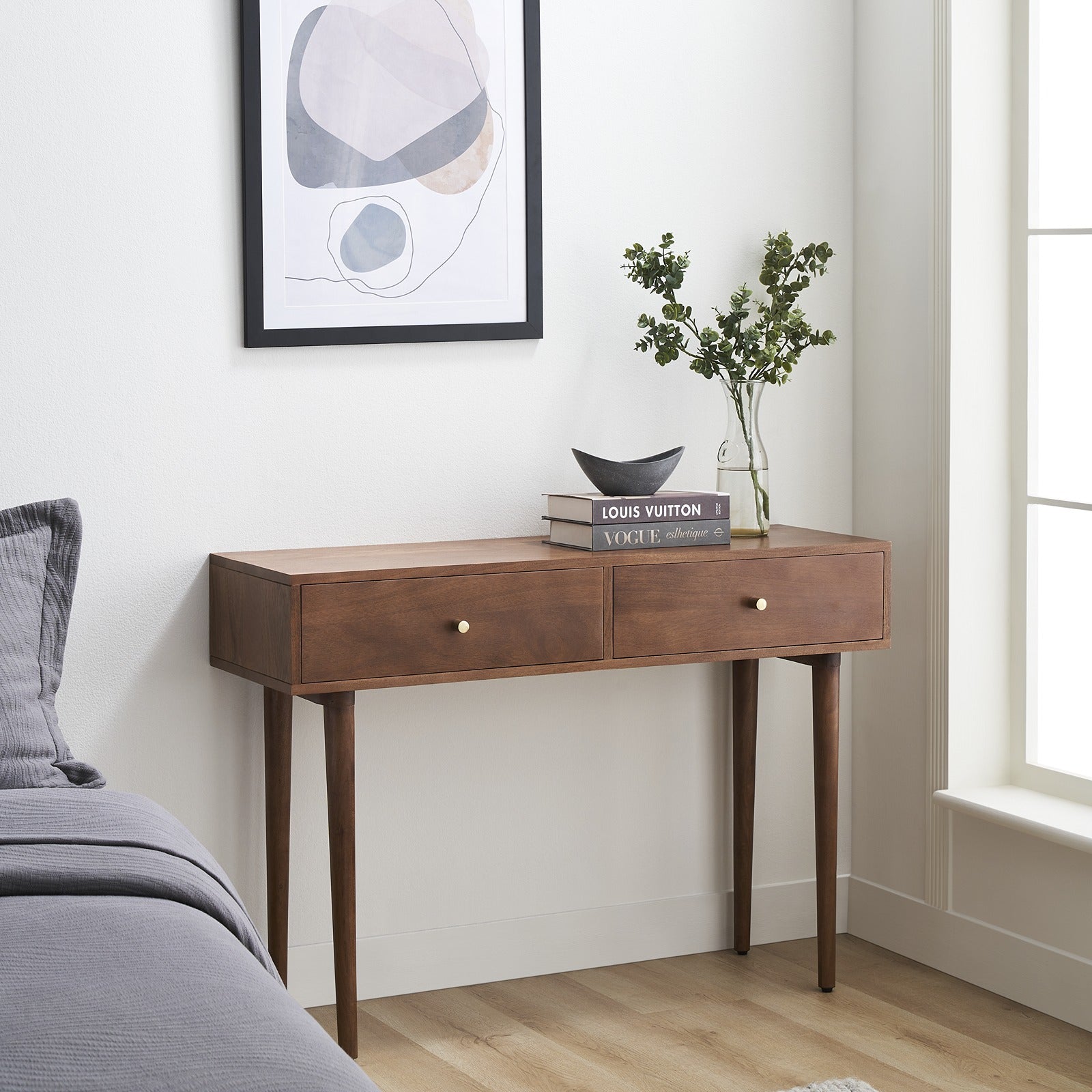 Wooden Dressing and Console Table with 2 Storage Drawers, Walnut Finish – Fishe and Lilly