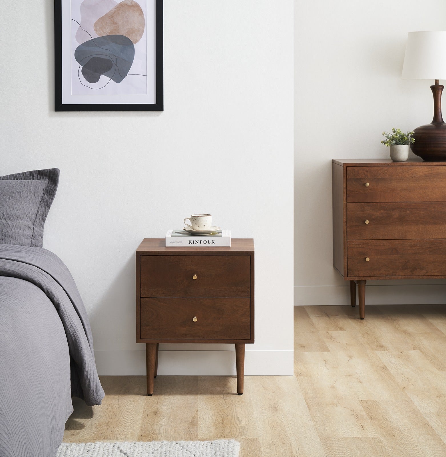 Wooden Scandi Bedside Table, Mango Wood with Walnut Finish, 2 Drawer ...
