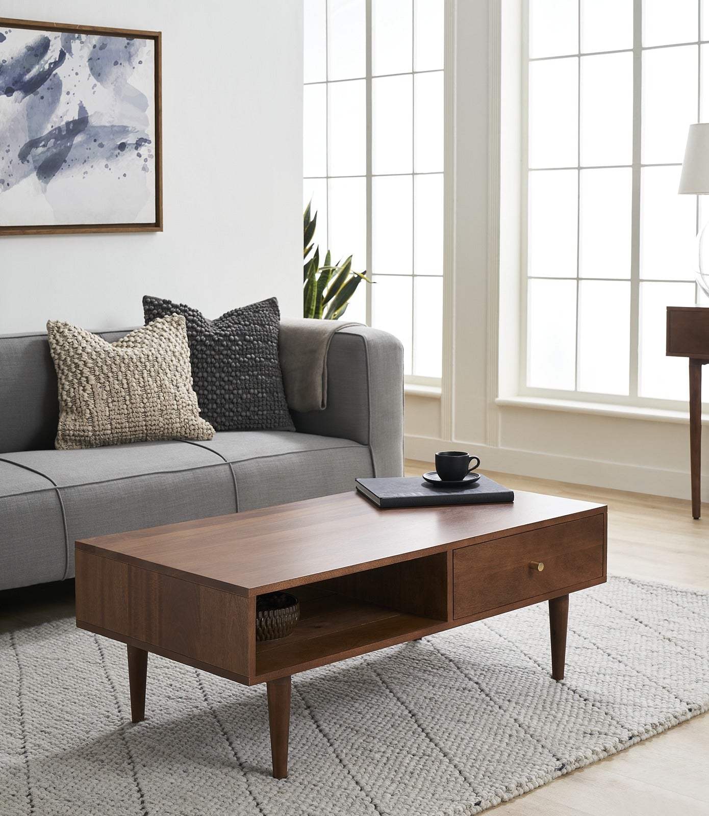 Scandi Mango Wood Coffee Table with Drawer, Walnut Finish – Fishe and Lilly