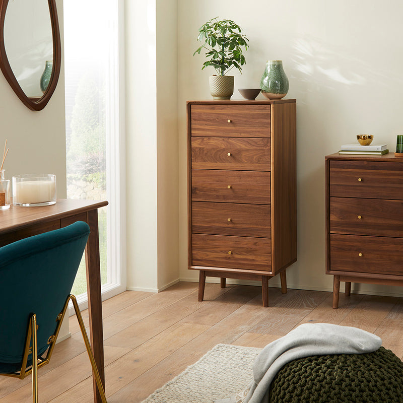 Walnut Tallboy Wooden Chest of 5 Drawers